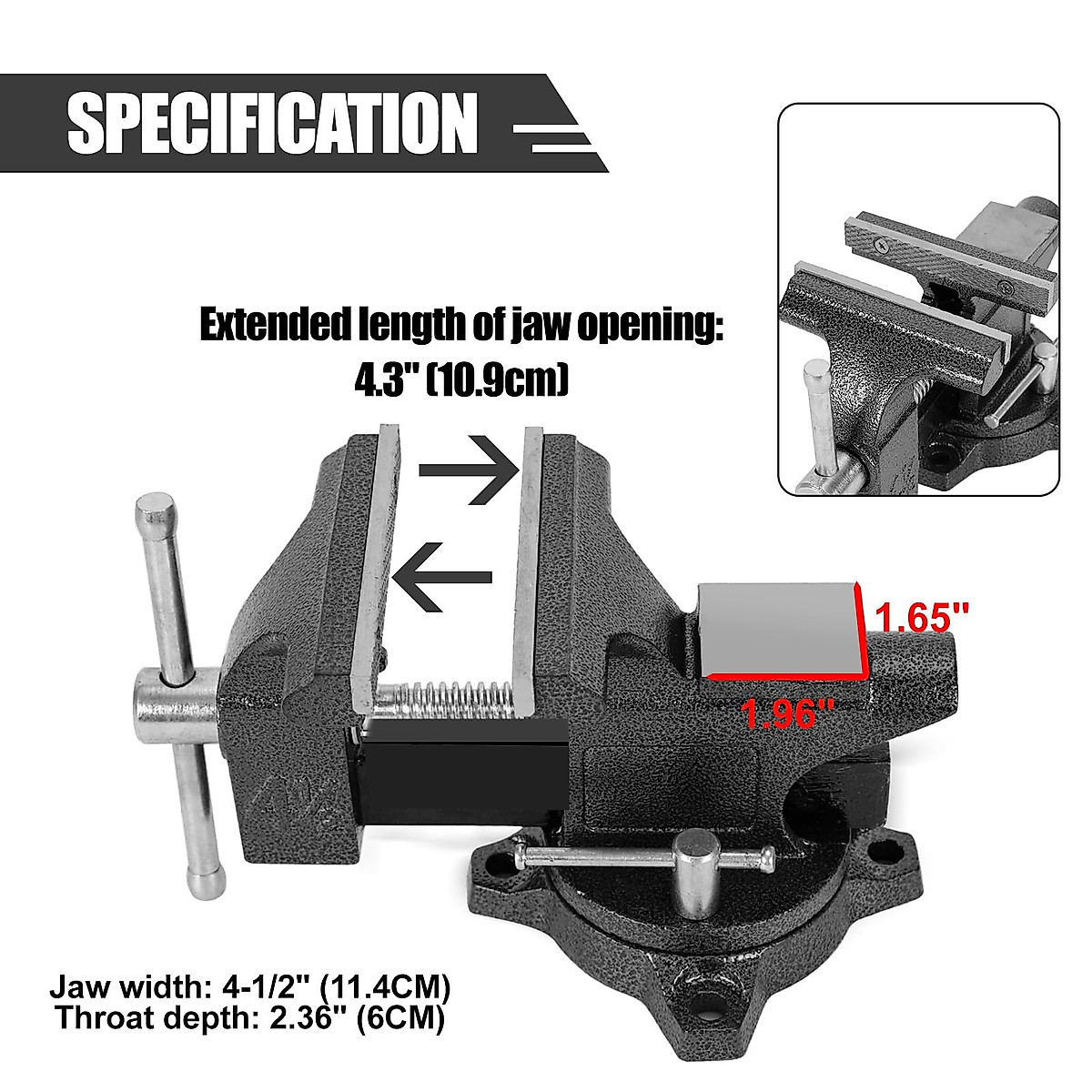 EASYBERG 4.5 Inch Bench Vise, Vice for Workbench with 270° Swivel Locking Base and 4.3in Jaw Opening, Bench Vice for Home DIY Woodworking, Drilling, Cutting Conduit