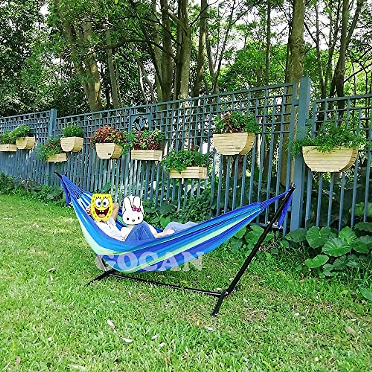 GOCAN Brazilian Double Hammock 2 Person Extra Large 220x160cm Total Length 330cm Load 500lb Canvas Cotton Hammock for Patio Porch Garden Backyard Lounging Outdoor and Indoor(Blue/Green) XXL