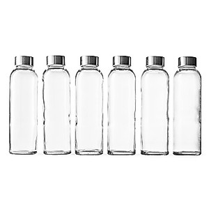 Epica 18 oz Clear Glass Bottles with Lids | Natural BPA Free Eco Friendly , Reusable Refillable Water Bottles for Juicing | Wide Mouth Liquid Storage Containers for Refrigerator | Water Bottle Set of 6