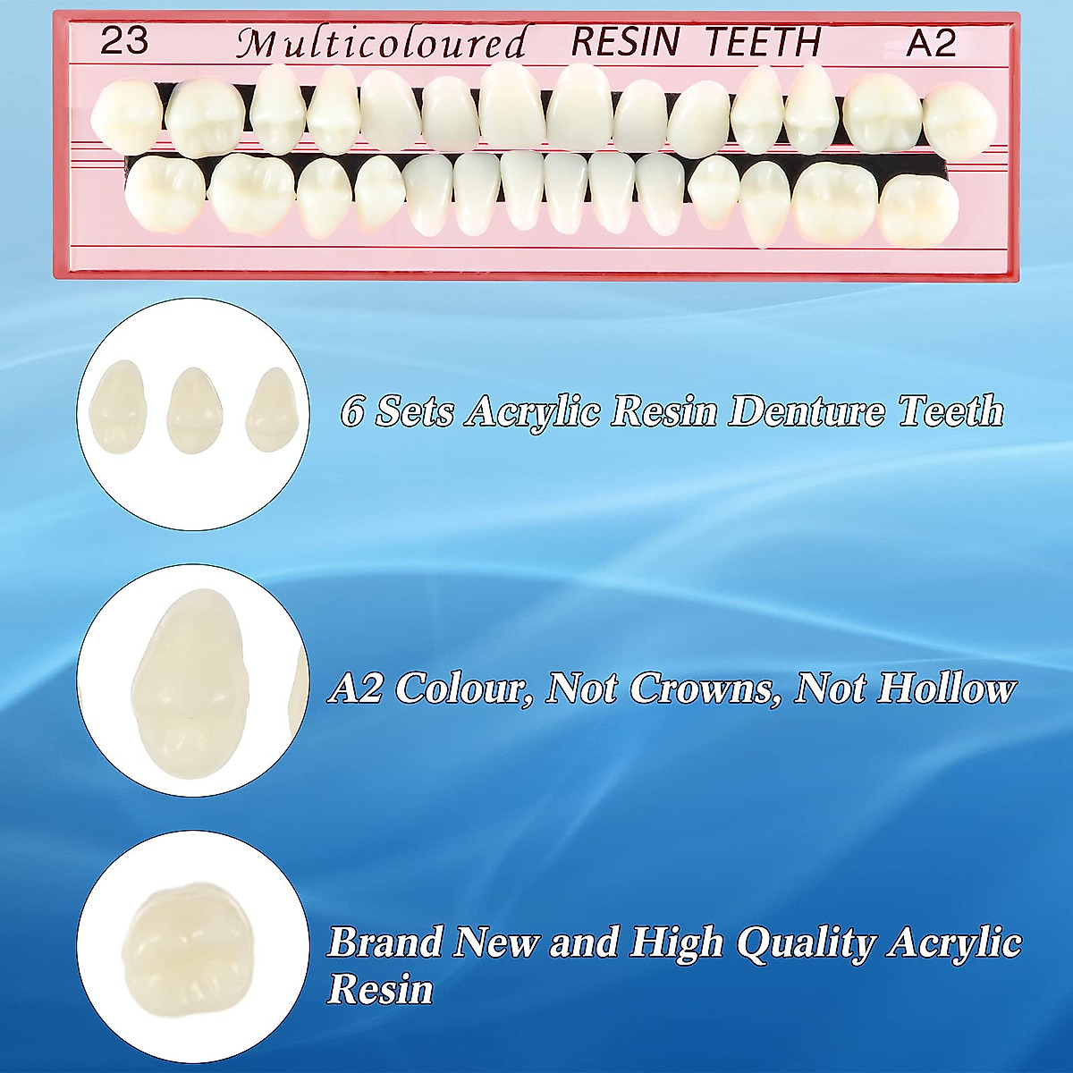 BBTO 6 Sets Acrylic Resin Fake Teeth artificial teeth Denture Replacement tooth prop Synthetic Resin Denture for Replacement, 112 Pieces, 23 A2