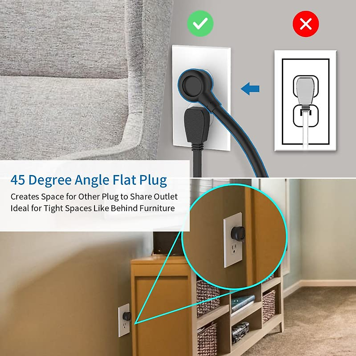 Extension Cord 15 ft Bundle,Flat Plug Power Strip with Widely Spaced Outlets USB Ports, Wall Mount Power Strip, Long Extension Cord with Multiple Outlets for Home, Office