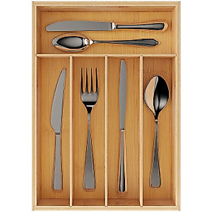 LONTAI+Wisuce Bamboo Silverware Utensil Drawer Organizer, Flatware Cutlery Drawer Organizer Silverware Tray for Kitchen Spoons Forks Knives (Natural-1)