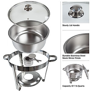 Great Northern Popcorn Chafing Dish QT Water Pan, Fuel Holder, and Stand-Food Warmers for Parties, Round 7.5