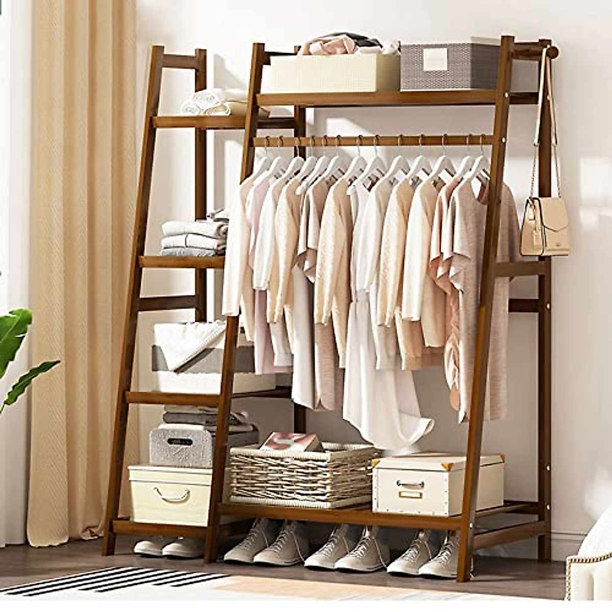 ZZBIQS Bamboo Clothing Rack with Shelves Ladder Clothes Hanger Rack Heavy Duty Freestanding Coat Closet Garment Rack for Hanging Clothes /Folding Clothes/Shoes, 43.3" L x 15.7" W x55.1 H