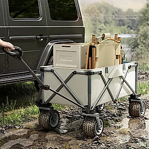 YJSG Collapsible Wagon Garden Cart,Folding Garden Carts,Beach Wagon Grocery Wagon All-Terrain Wagon Beach Wagon Cart Adjustable Handle Off-Road Wheels with Brakes Wheel Camping Cart,(a) White