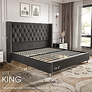 PaPaJet Tufted Upholstered Platform Bed Frame King Size Velvet Low Profile Platform Beds Raised Wingback Headboard with Strong Wooden Slats/Mattress Foundation/Easy Assembly, Dark Grey