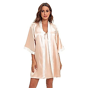 Escalier Women's Satin Pajamas Set Silky Robe with Sexy Slip Nightgown 2Pcs Sleepwear Silk Pjs Champagne S