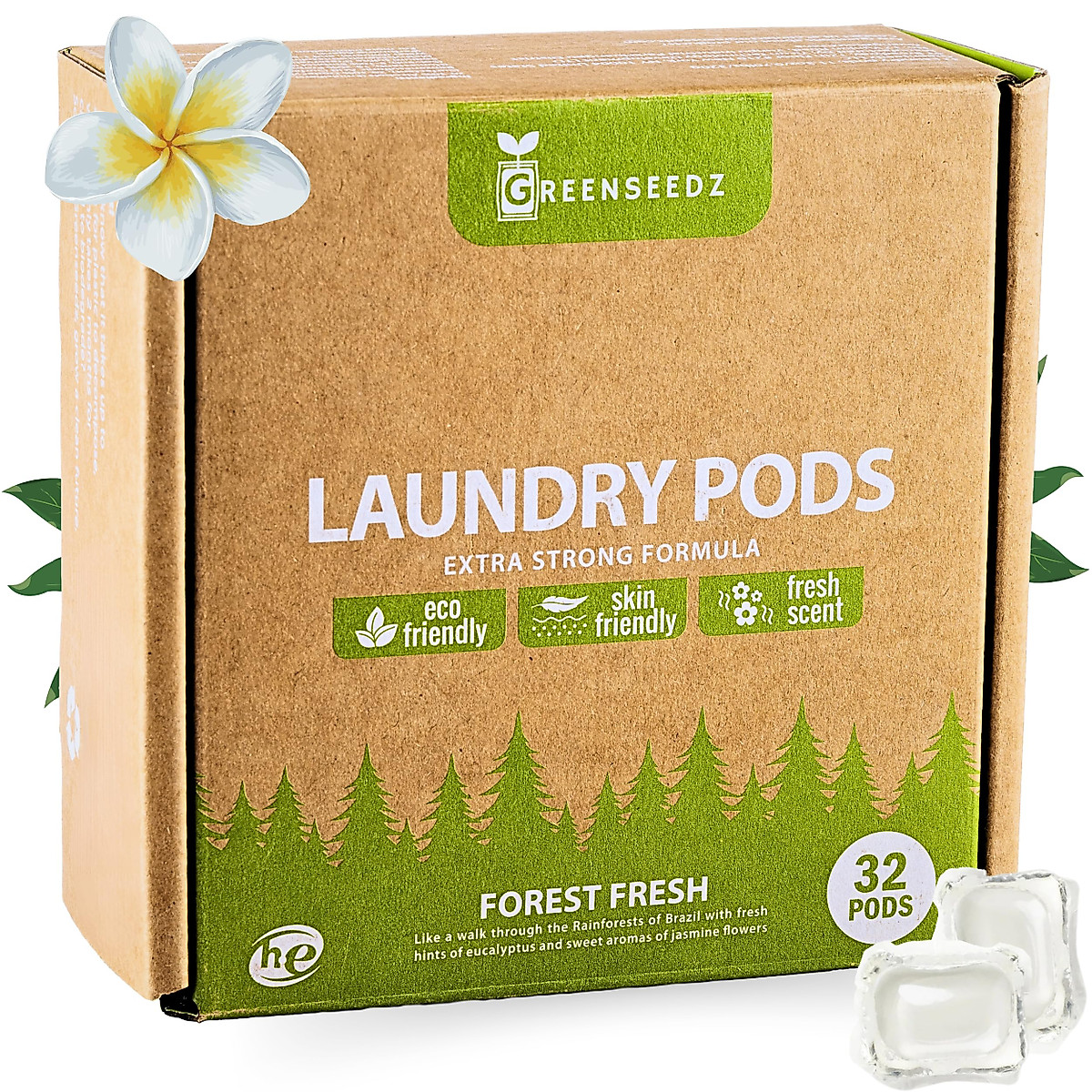 Greenseedz Eco Friendly Laundry Detergent Pods, 32 Pods, Powerful Stain And Odor Removal, Skin Friendly, Rainforest Fresh Scent, Biodegradable and Sustainable Laundry Pods, HE Compatible