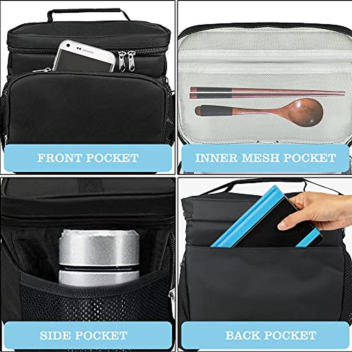 Hydro2Go Insulated Lunch Bag Women, Lunch box for Men with Adjustable Shoulder Strap, Leakproof Lunch Box Lunch Bag for Work, Picnic, Camping, Cooler, Black