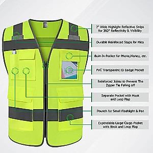 TCCFCCT Safety Vest 5 Pockets High Visibility Reflective Vest for Men Women, Durable Construction Vest with Horizontal Strip for Walkie-talkie, Meets ANSI/ISEA Standards, Yellow, L