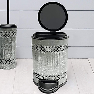 nu steel Laser Cut Galvanised Steel Step Garbage Trash Can & Toilet Brush Holder with Lid: 5 Liter/1.32 gal for The Kitchen, Bathroom, Bedroom, Patio, RV