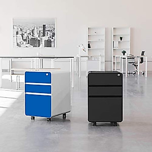 Laura Davidson Furniture Stockpile Flat 3 Drawer File Cabinet with Lock - Under Office Desk Metal Filing Cabinet, Legal/Letter File Folders, Wheels and Stationary Feet, Pre-Assembled, Grey