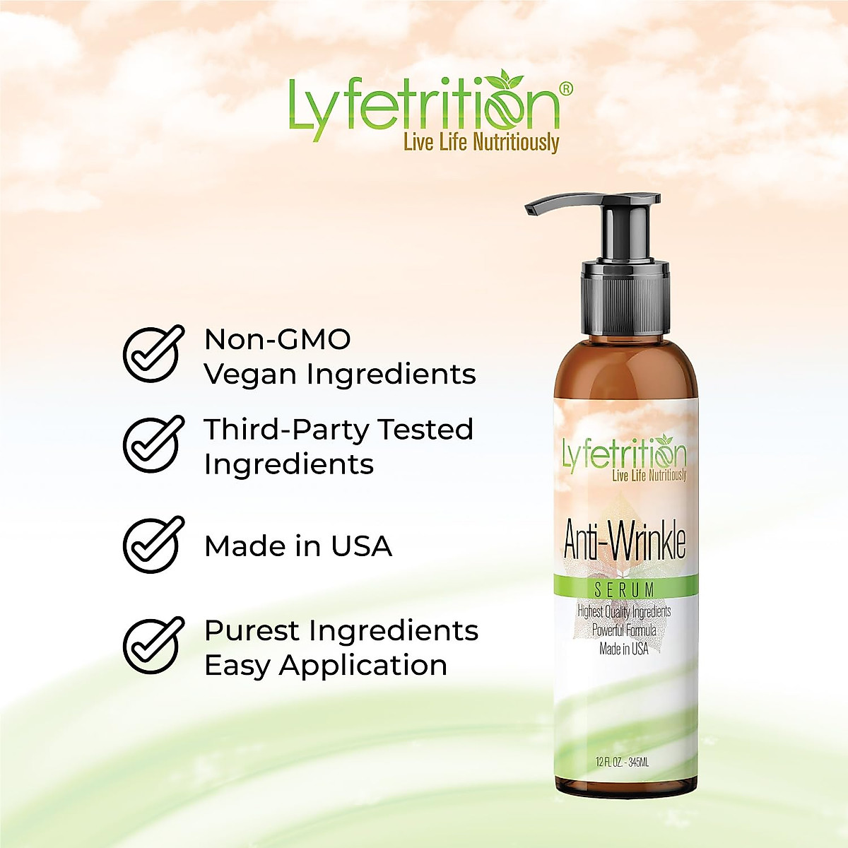 Lyfetrition Anti-Wrinkle Serum | 12 Oz Large Bottle | Anti-Aging Face Serum With Jojoba Oil, Rosehip Seed Oil & Many More Natural Ingredients - Moisturizing Cleanser for Fair & Younger Looking Skin