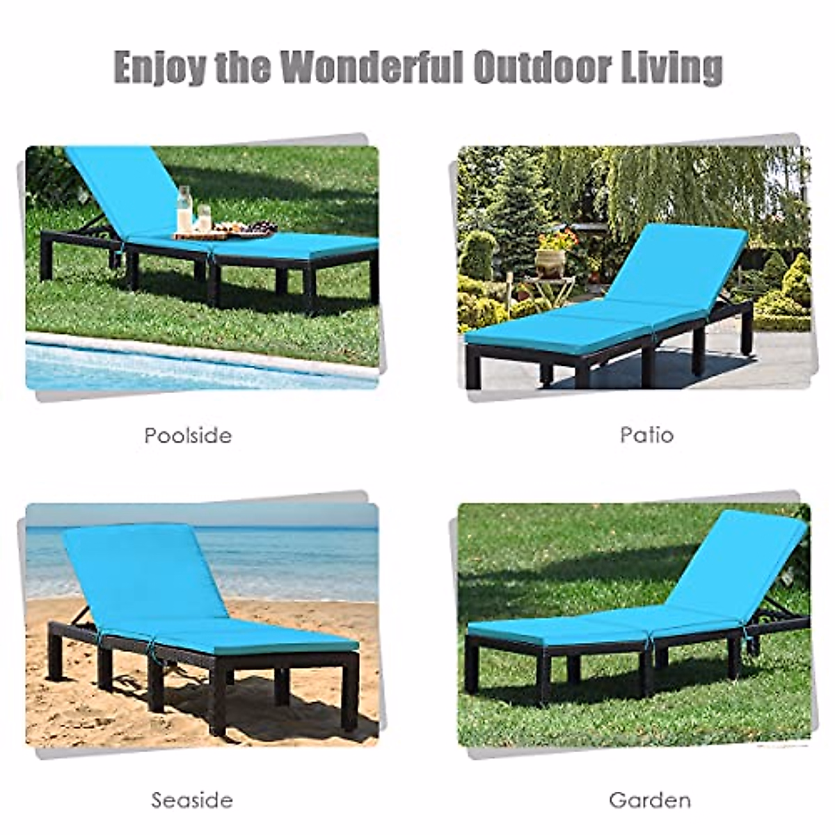 RELAX4LIFE Patio Wicker Lounge Chair - Rattan Reclining Chair w/Adjustable Backrest & Removable Cushion, Modern Rattan Furniture for Garden, Balcony, Backyard, Outdoor Chaise Lounge (1, Turquoise)