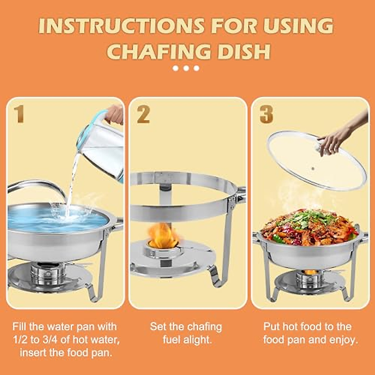 HORESTKIT Chafing Dish Buffet Set Stainless Steel Round Chafers and Buffet Warmers Set with Glass Viewing Lid, 5QT Foldable Complete Food Warmer