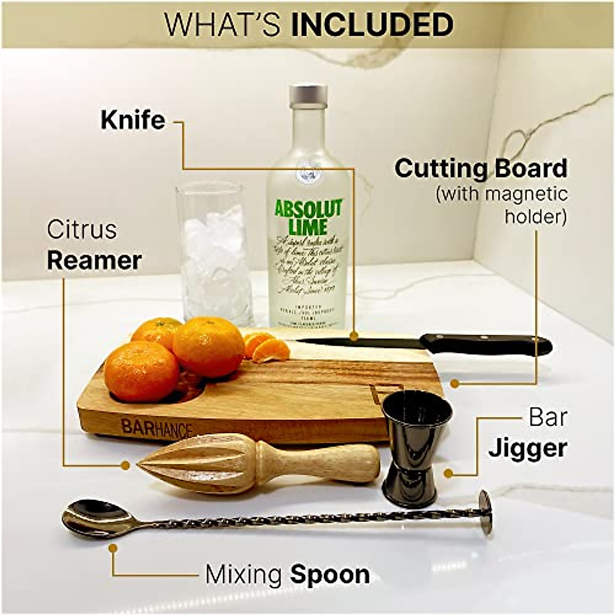 Mixing Bar Set Cocktail Kit by BARHANCE - Bar Tools Cocktail Set with Bar Jigger, Cutting Board, Citrus Reamer, Mixing Spoon, Knife - Bartender Kit Professional Cocktail Set