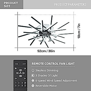 Aajqv 36.2" Ceiling fans with lights，3 color temperatures,6 Gear Wind Speed ceiling fan with lights remote control，flush mount ceiling fan for Bedroom, living room 70W (36.2", Black)
