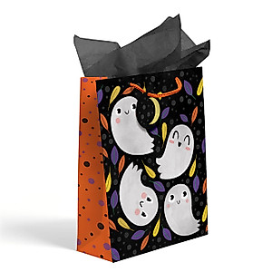 Designer Greetings Glitterwrap 10” Medium Gift Bags, Ghostly Friends (Pack of 12 with Hang Tags) – For Halloween Parties, Goodie Bags, Classroom and Work Celebrations, Friends, Family & Kids