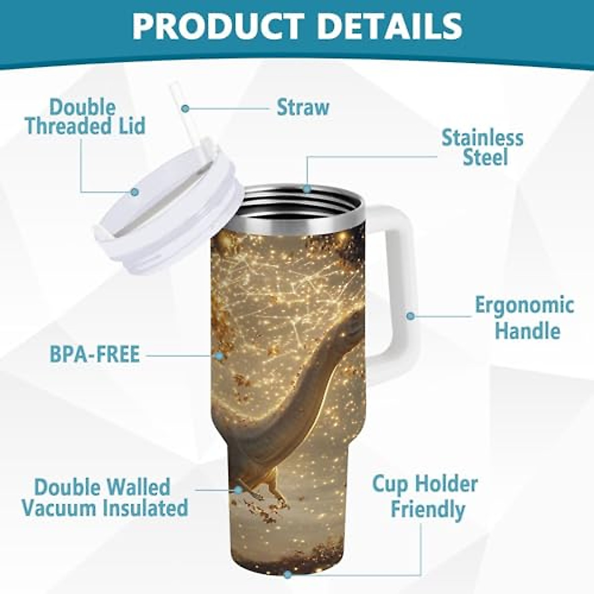 Slewiaeky Tumbler with Handle 40 oz Multicolor Beast Dinosaur T Rex Travel Mug with Lid and Straw Stainless Steel Vacuum Insulated Water Bottle Cup for Iced Tea Coffee Cold Beverages Cup Holder Frien