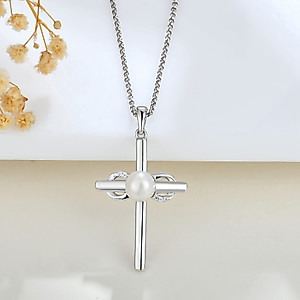 JO WISDOM Women Pearl Necklace,925 Sterling Silver Cubic Zirconia Infinity Cross Crucifix Pearl Pendant Necklace with 7mm Freshwater Cultured Pearl