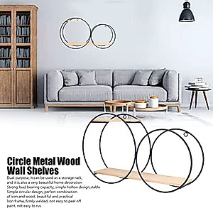 Fonzci 2 in 1 Round Wood Shelf, Unique Metal Geometric Wall Shelves Strong Load Bearing Capacity Black Round Floating Shelves, Hanging Storage Wall Decoration