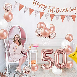MOVINPE 50th Rose Gold Birthday Decorations, 50th Happy Birthday Banner Pennant Flags 6pcs Hanging Swirl, Number 50 Foil Balloons 8pcs Latex Balloons Cake Toppers Table Confetti for Women