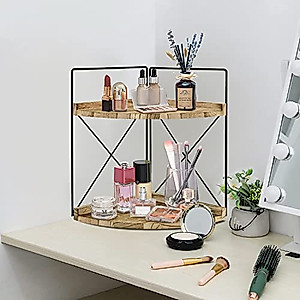 Corner Bathroom Organizer Countertop, 2 Tier Bathroom Trays Vanity Organizer for Counter, Rustic Corner Shelf for Home Small Space, Wood Cosmetic Holder Makeup Standing Rack, Kitchen Spice Rack