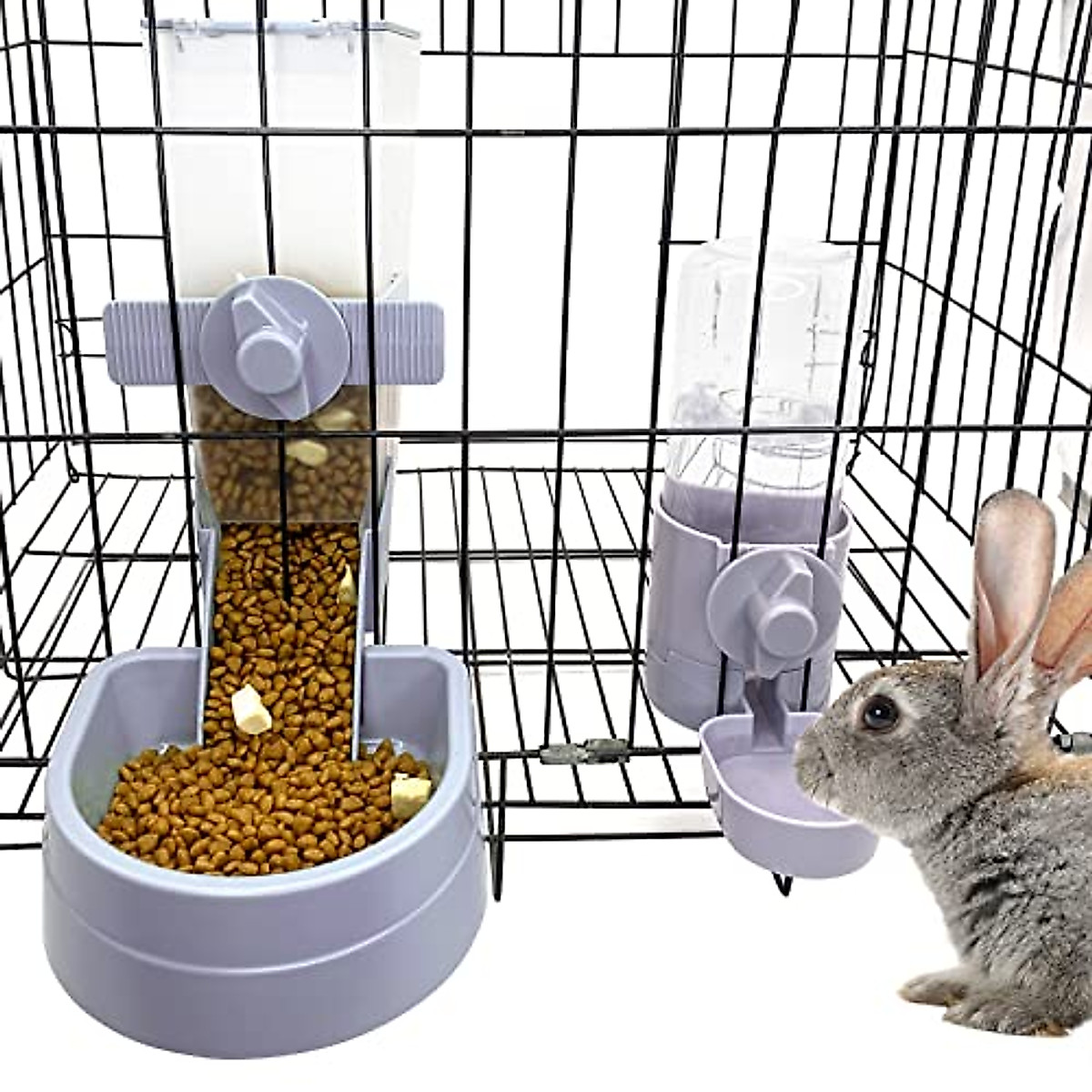 kathson Rabbit Food Water Dispenser Pet Cage Automatic Feeder 2L Food Dispenser 17oz Waterer Small Animal Hanging Bottle Bowl Set for Rabbit Cat Small Dog Ferret Puppy