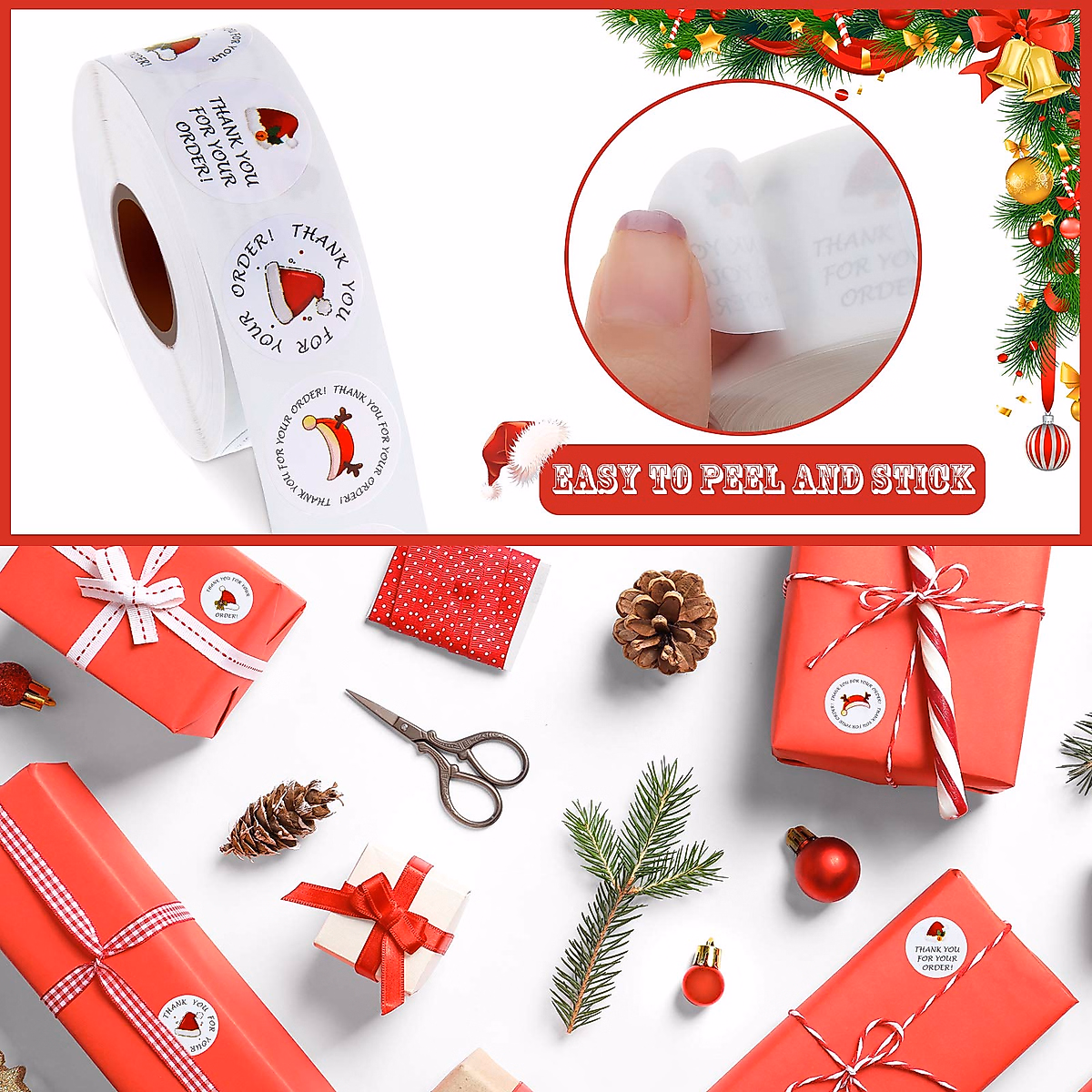 1000 Pieces Christmas Thank You for Your Order Stickers, 1 Inch Round Thank You Seal Stickers Christmas Thank You Labels Stickers for Business Boutiques Shop Wrapping Supplies (Hat)