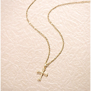 Carleen SOLID REAL 14K Yellow Gold SMALL TINY Little Cute Embossed Cross Necklace Delicate Dainty Crucifix Cross Pendant Fine Jewelry For Women, With 18" Solid Gold Cable Chain