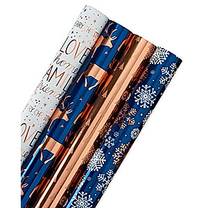 American Greetings Christmas Reversible Wrapping Paper Bundle, Snowflake, Reindeer, Holiday Text (4 Rolls, 80 sq. ft.)