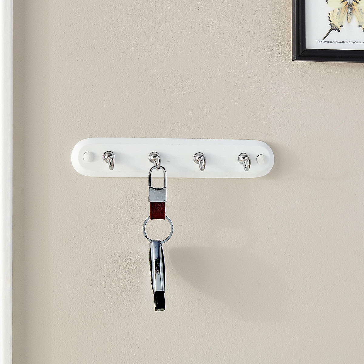 Spectrum, Modern Entryway Organizer & Wall Décor Diversified Four Key Rack, Wood Hooks, 4, White/Chrome