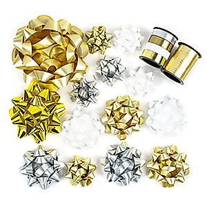 WRAPAHOLIC 16 Pcs Gift Bows Assortment - 14 Multi Colored Assorted Size Gift Bows (Gold, Silver, White) and 2 Crimped Curling Ribbons, Perfect for Christmas, Holiday, Party