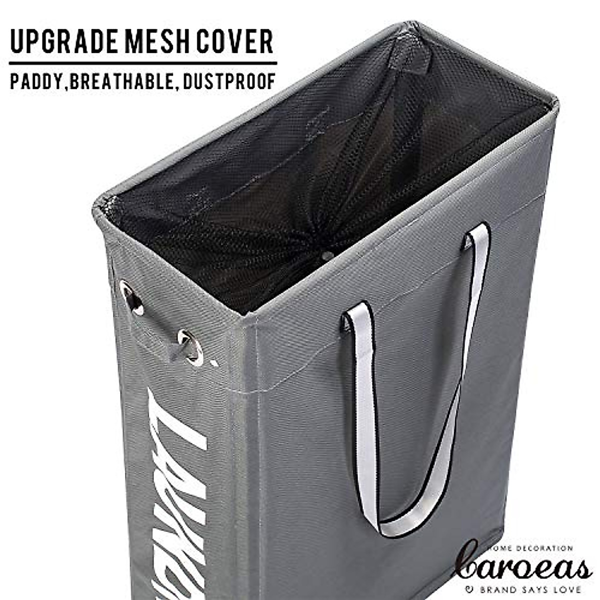 Cloth Clothes Basket, Caroeas 24" Handy Hanging Laundry Basket Tall & Slim Hamper Waterproof Laundry Bag Collapsible Travel Laundry Bag with Breathable Mesh Cover & Soft Handle Laundry Hamper (Grey1)