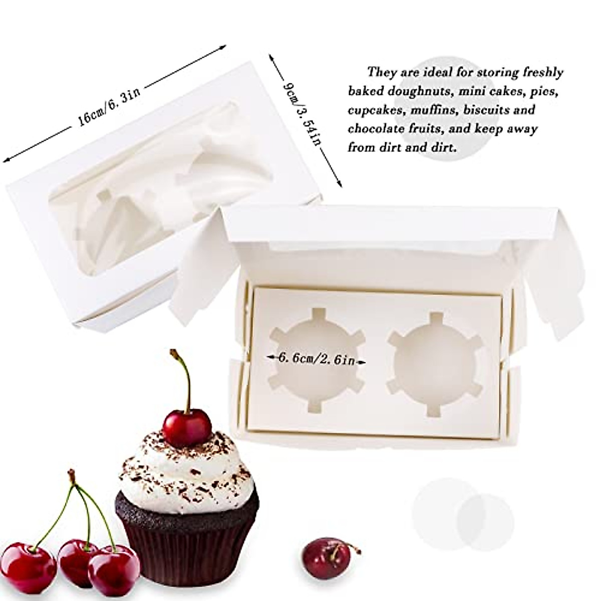 GothaBach 30 Pack White Paper Cupcake Boxes with 2 Cavity Cookie Gift Boxes with Clear Window 2 Treat Holder Cupcake Containers Bakery Cake Box