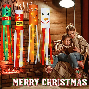 VitalCozy 4 Pcs Christmas Windsock Flags with LED Light Christmas Tree Hanging Decorations Santa Claus Gingerbread Man Elf Snowman Christmas Decorations for Lawn Yard Patio Garden Winter Party Decor