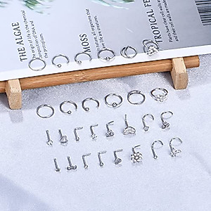 Anicina 20g Nose Rings Studs Surgical Stainless Steel Hoops L Shape Nostril Nose Piercing Jewelry Heart Flower Butterfly Hypoallergenic Screw for Women Men Silver