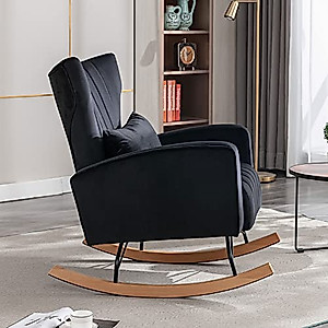 DM Furniture Velvet Rocking Chair Upholstered Nursery Glider Rocker for Baby Comfy Nursing Armchair Side Accent Chair for Living Room Bedroom, Black