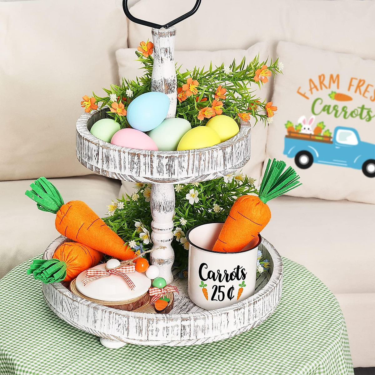 Easter Tiered Tray Decor Ceramic Canister Mini Jar Carrots 25￠ Candy Holder with Lid Orange Buffalo Plaid Bowknot for Cookie Snacks Spring Table Home Kitchen Accessory Holiday Gift Supplies Set of 1