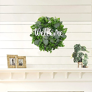 Artificial Eucalyptus Wreath with Welcome Metal Sign for Front Door 13" Faux Green Leaf Hanging Decor Farmhouse Porch Patio Garden Wedding Party Celebration Wall Home Table St Patricks Day Decoration