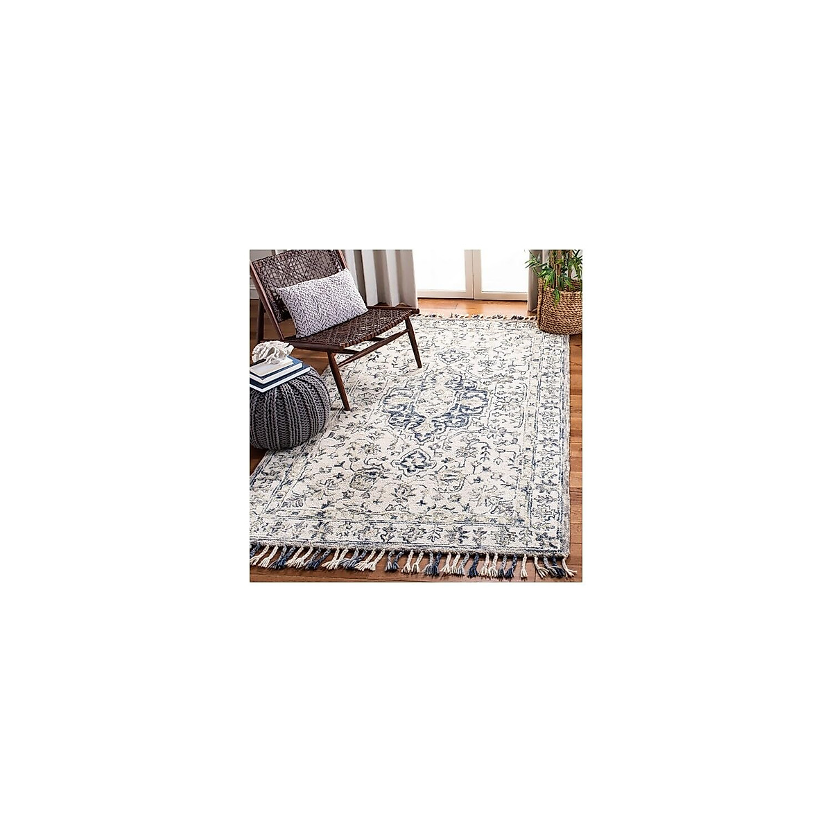 SAFAVIEH Aspen Collection Area Rug - 10' x 14', Ivory & Blue, Handmade Boho Braided Tassel Wool, Ideal for High Traffic Areas in Living Room, Bedroom (APN125A)