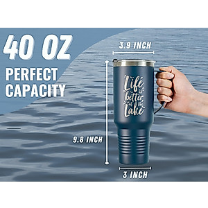 Onebttl Lake House Gifts, Lake Gifts for Women, Men, 40oz Insulated Travel Cup with Handle Lake Life Gifts, Housewarming Gifts for Lake House, Gifts for Lake Lovers, Blue - Life Is Better at the Lake