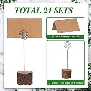 Gilprop 24 Pcs Wood Place Card Holders with Swirl Wire Wooden Memo Holder and 48 Pcs Kraft Place Cards Table Number Holders Picture Stands for Table Note Clip Holders for Wedding Party Name Food Sign