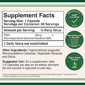 PQQ Supplement - 20mg, 60 Capsules (Pyrroloquinoline Quinone) Promotes Mitochondria ATP Coenzyme Levels, Energy Optimizer and Sleep Support (Non-GMO, Gluten Free, Vegan Safe) by Double Wood