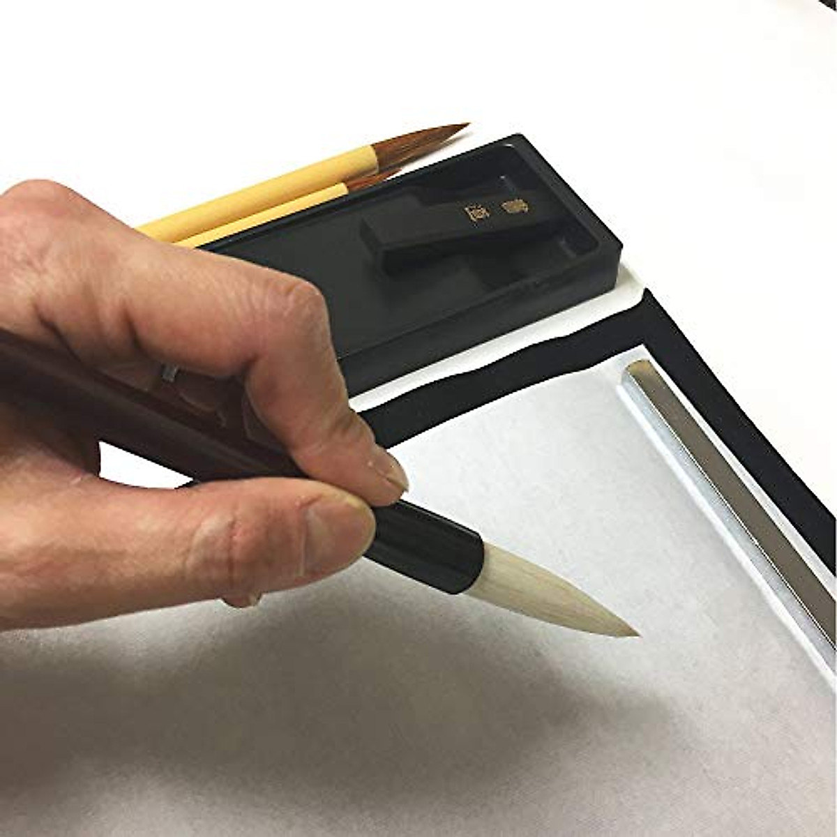 Japanese calligraphy set 9 parts | Shodo calligraphy pen (three brushes) and paper, inkstone and ink stick, non slip underlay, Paperweight, with clear case (Dark Blue edge/Clear case)