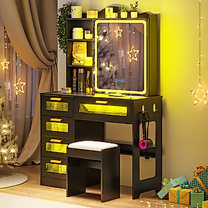 WOOVIVS Vanity Desk with Lights and Sliding Vanity Mirror, Makeup Vanity Desk with Charging Station, Vanities Dressing Table with Stool, Vanity Set with Large Drawers&Shelves for Bedroom, Black