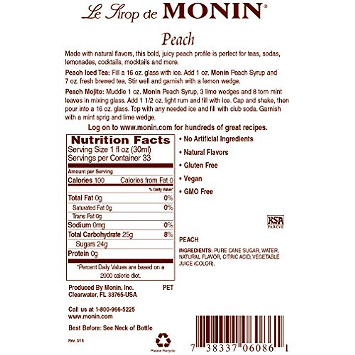 Monin - Peach Syrup, Fresh and Juicy Flavors, Great for Iced Teas, Lemonades, and Sodas, Non-GMO, Gluten-Free (1 Liter)
