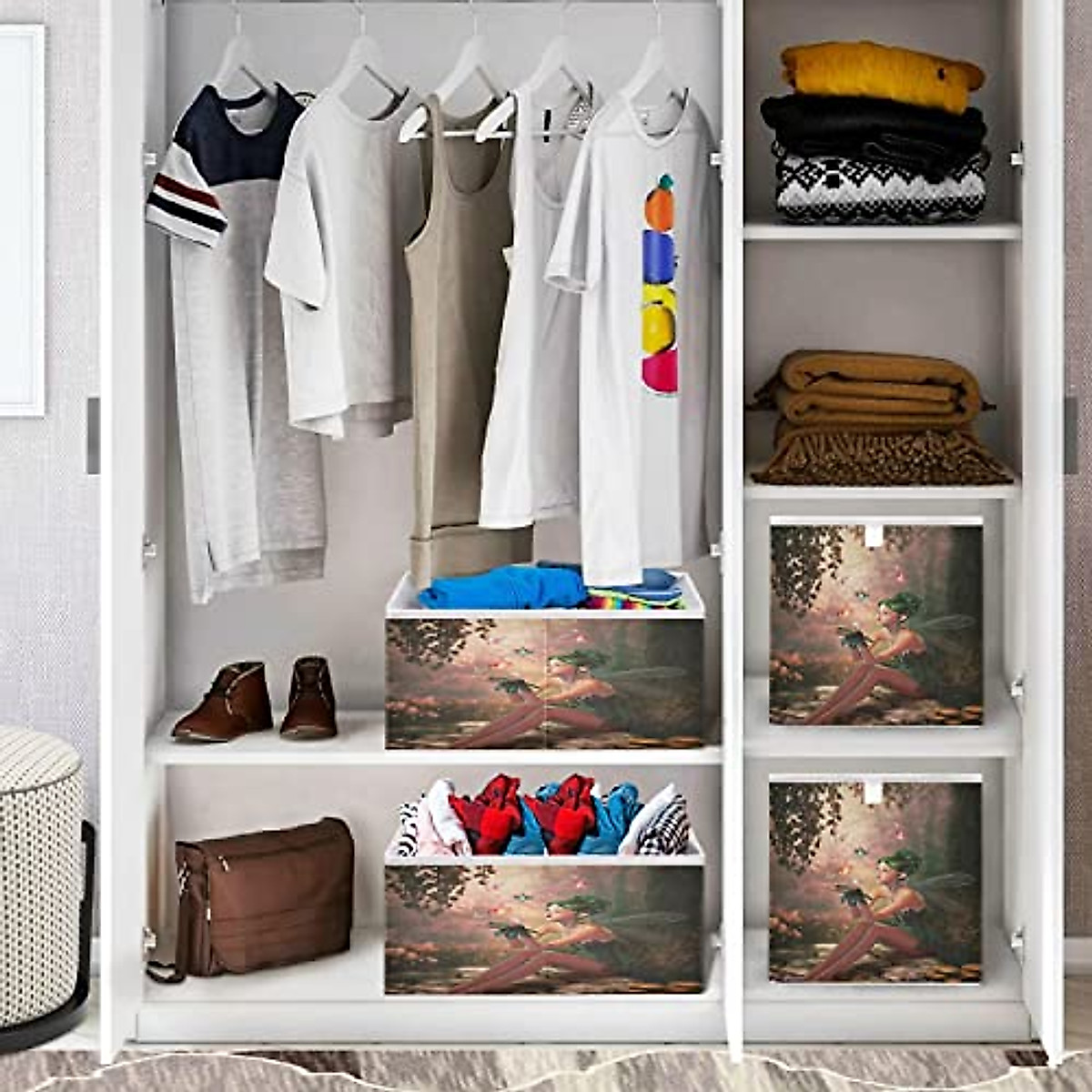 visesunny Closet Baskets Fairy Girl with Wing and Butterfly Storage Bins Fabric Baskets for Organizing Shelves Foldable Storage Cube Bins for Clothes, Toys, Baby Toiletry, Office Supply