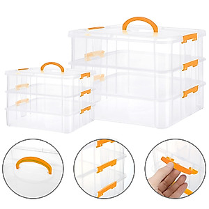 6 PACK 2 Sizes 3-Tier Plastic Storage Containers with Lids, Handled Art Supply Craft Organizer Storage Box for Organizing Craft, Stationery, Sewing, Art Craft, Jewelry and Beauty Supplies (Orange)