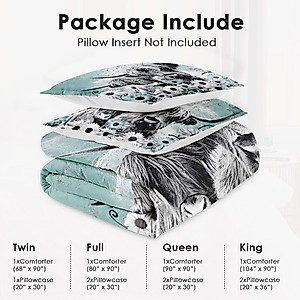 WeCozy Comforter Set Queen Size with 2 Pillowcases, Highland Cow Animal 3 Pcs Bedding Set for Kids and Adults, Buffalo Bull Farm Daisy Soft Comforter Set for Bedroom Bed Decor